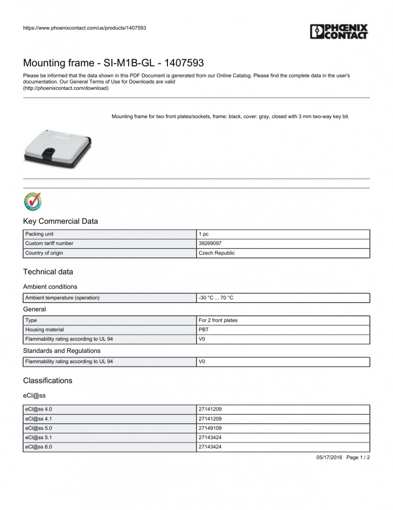 Phoenix Contact SI-M1B-GL 1407593 product document page 1
