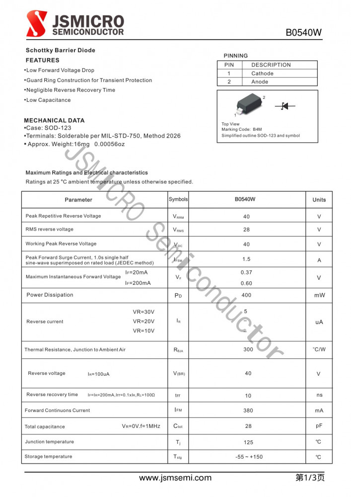 B0540W datasheet page 1