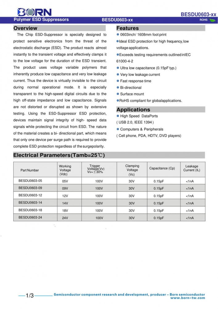 BORN BESDU0603-05 datasheet page 1