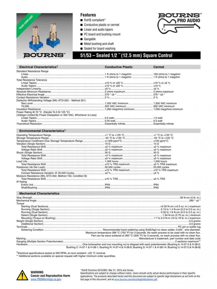 Bourns 51/53 series technical specification page