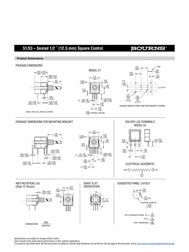 Bourns 51/53 series product dimensions page