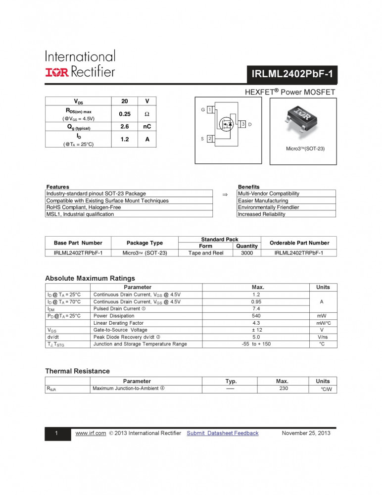 IRLML2402TRPBF datasheet page 1