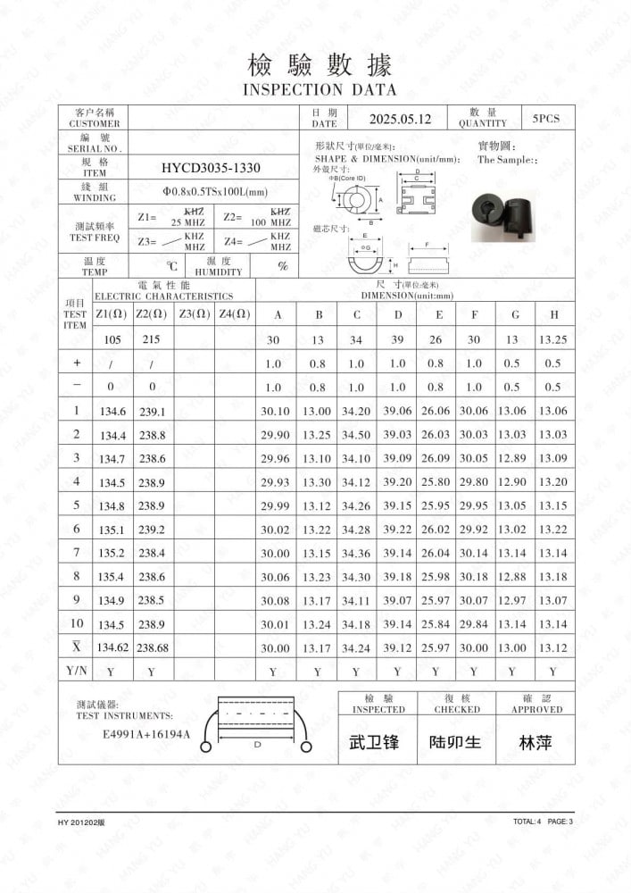 HYCD3035-1330 impedance frequency information