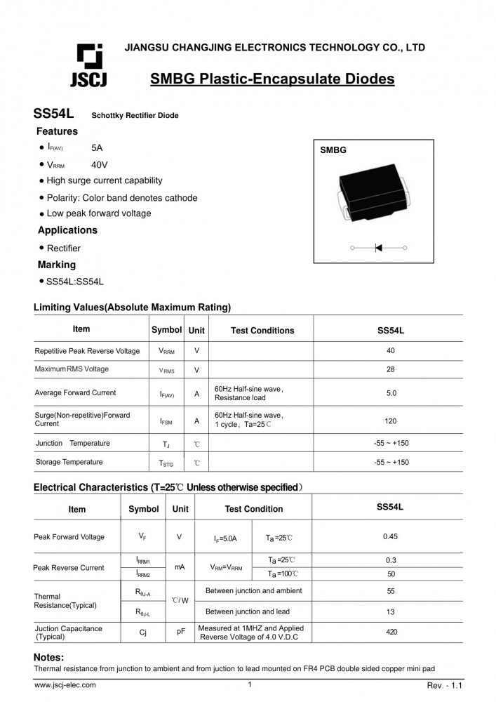 SS54L datasheet page 1