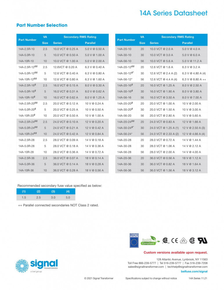14A Series transformer datasheet page 2