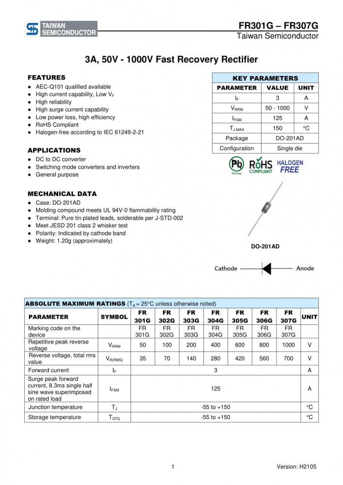 FR301G datasheet page 1