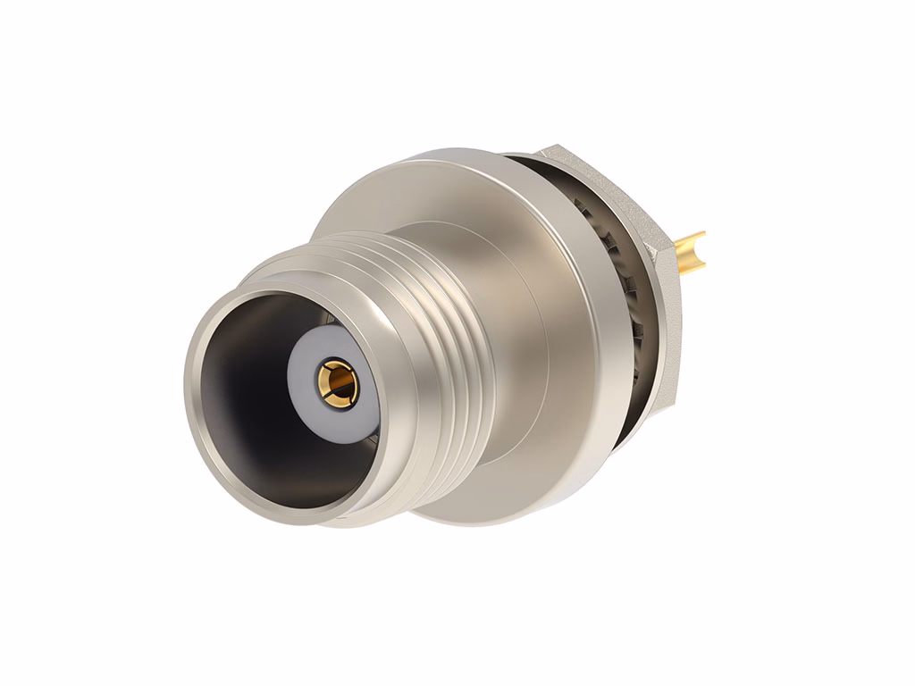 TNC Jack, Reverse Polarity, Right-Angle, Bulkhead Receptacle, PCB, Through Hole, Brass Body, Nickel (Ni) Plated, 50 Ohms