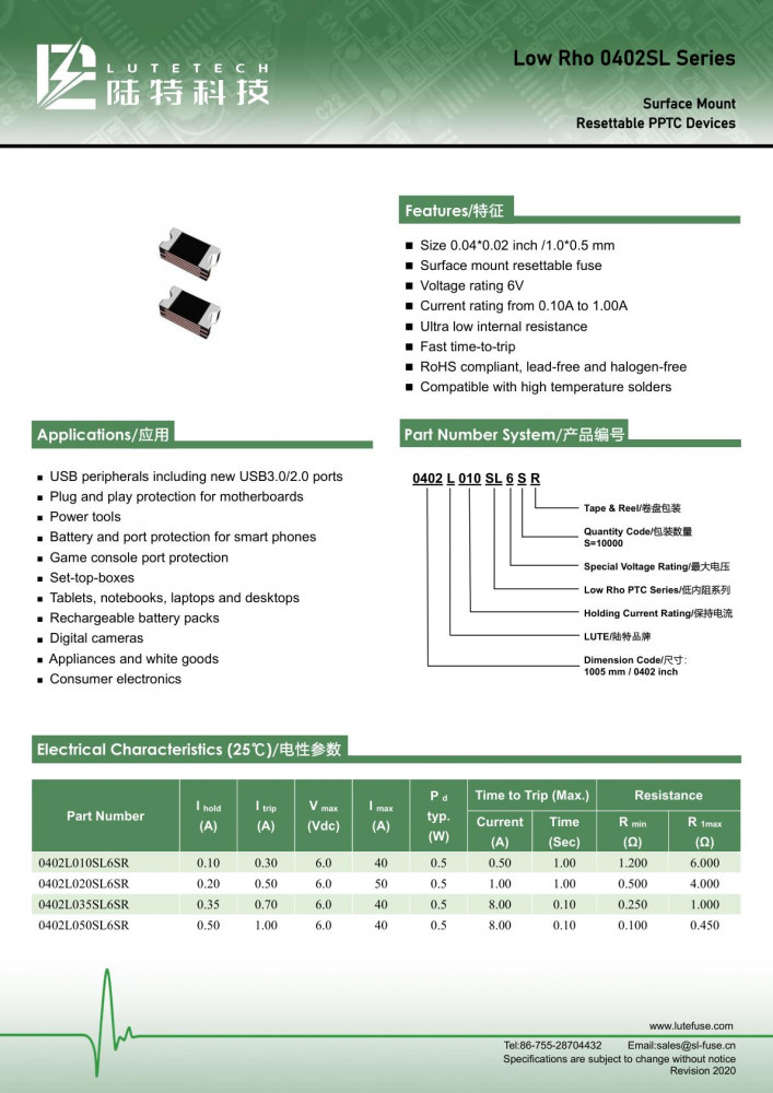 0402SL product documentation page 1
