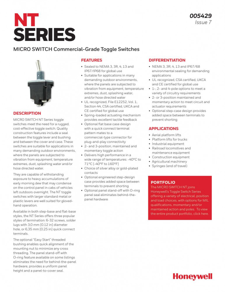 Honeywell NT Series datasheet page 1