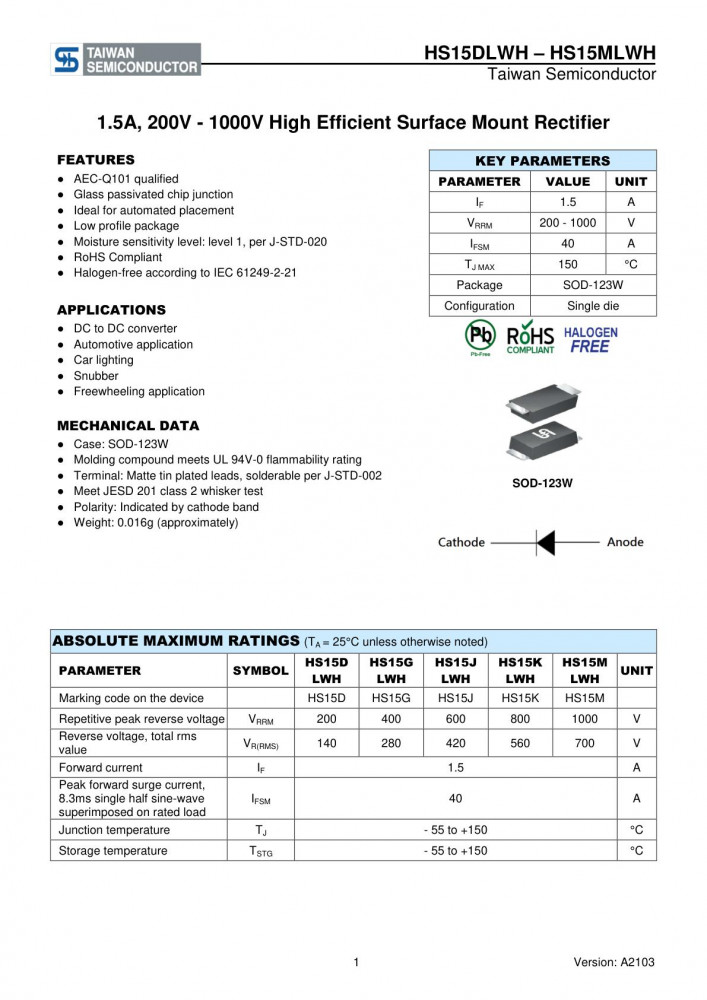 HS15KLWH technical document page 1