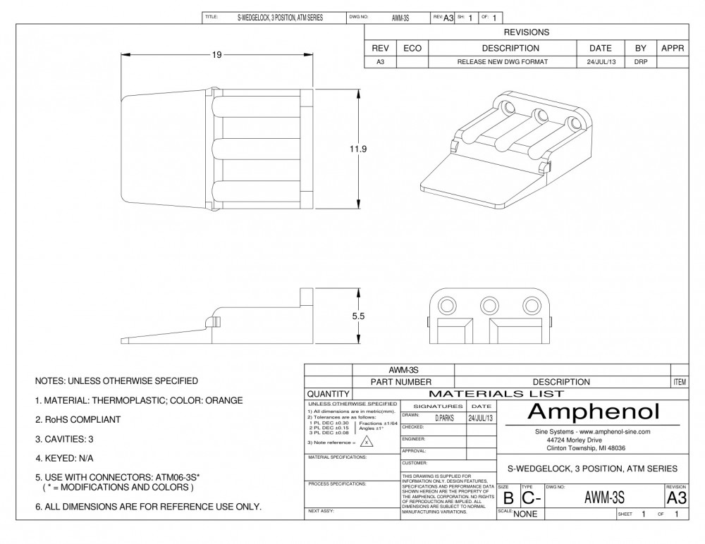 Amphenol AWM-3S technical drawing preview