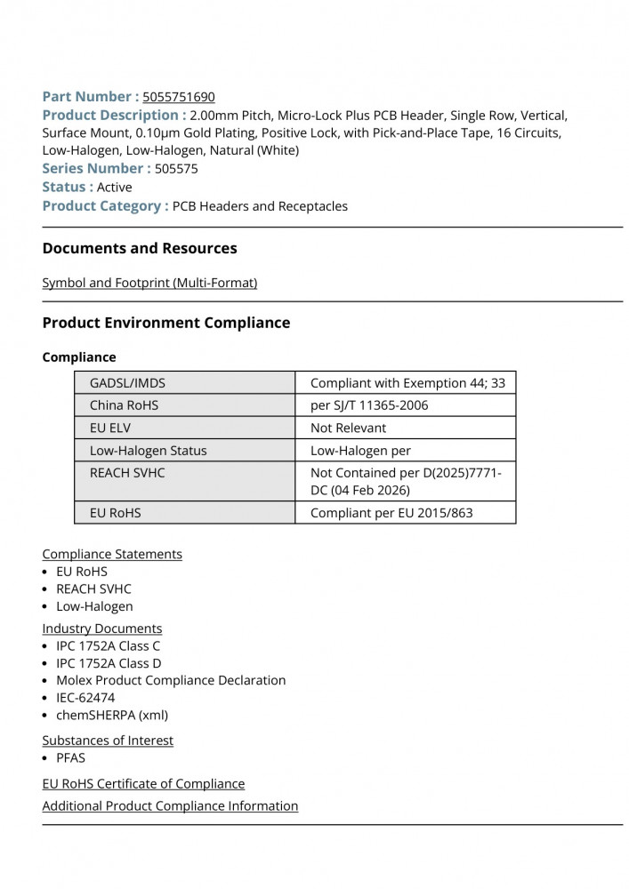 Technical document page image 1 for MOLEX 5055751690