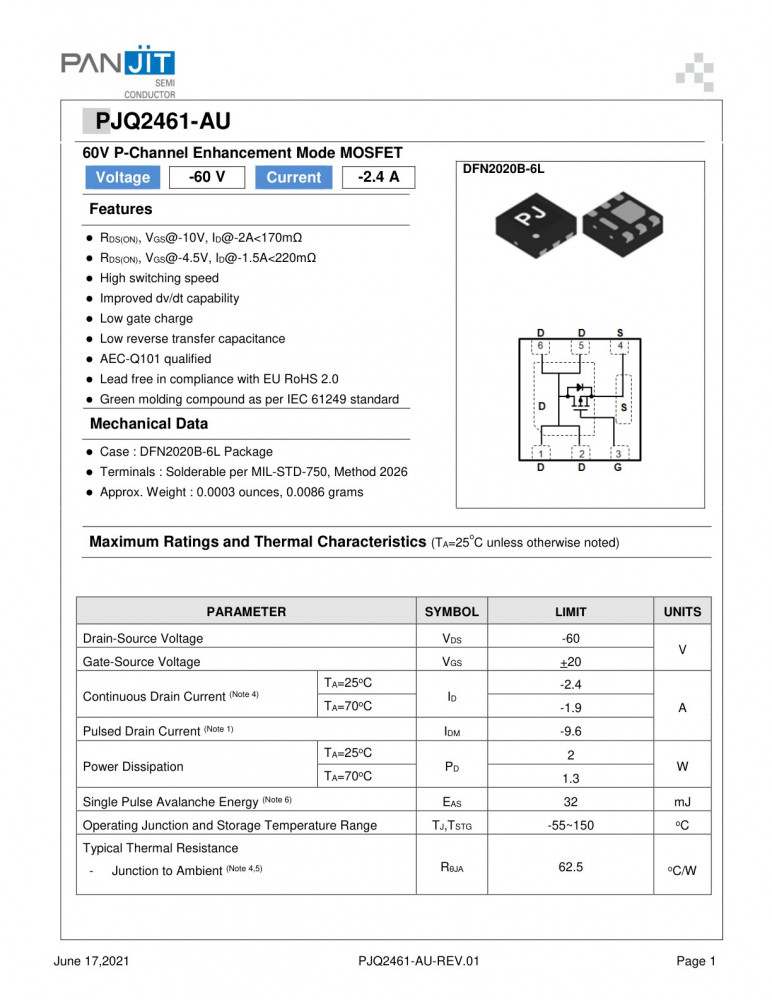 PJQ2461-AU datasheet page 1