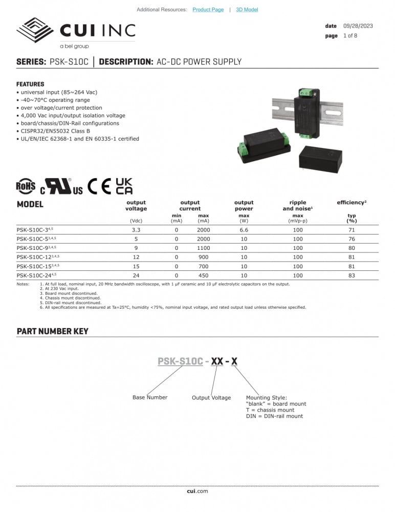 CUI PSK-S10C datasheet page 1