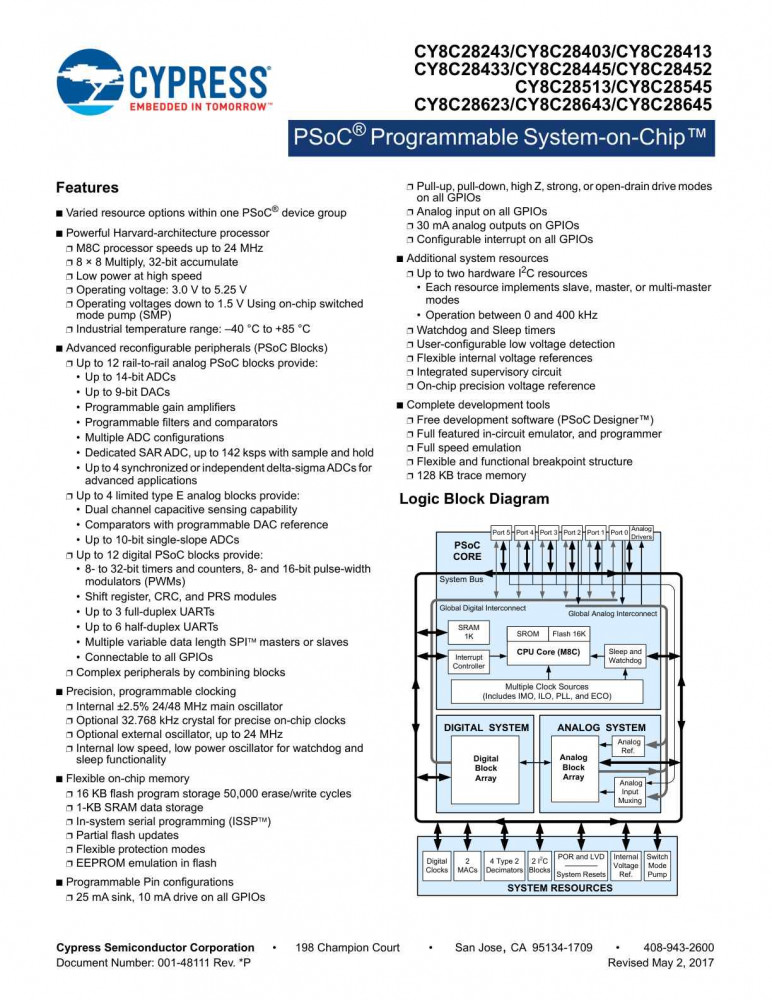CY8C28545 PSoC datasheet page 1
