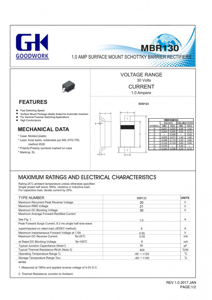 GOODWORK MBR130 datasheet page 1