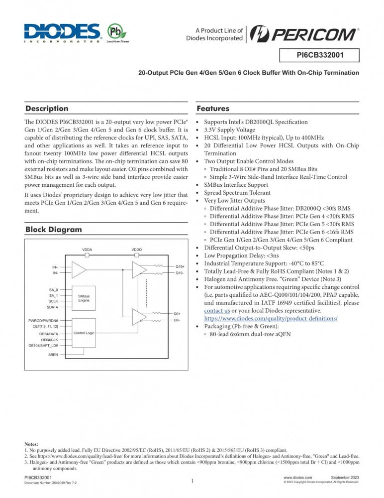 PI6CB332001 datasheet page 1