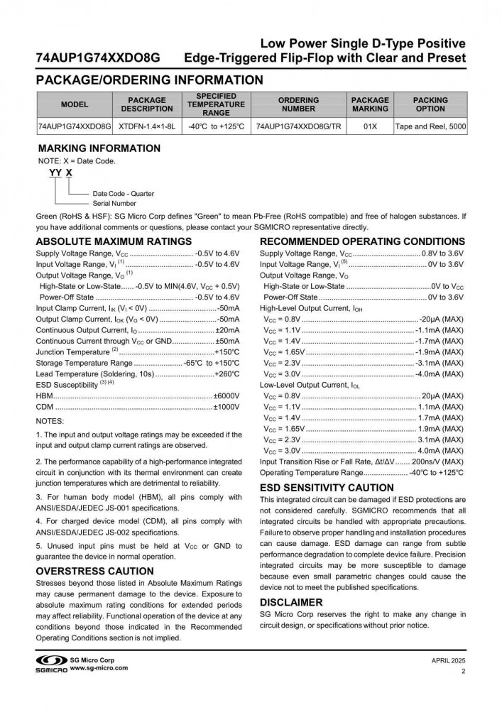 74AUP1G74XXDO8G datasheet page 2