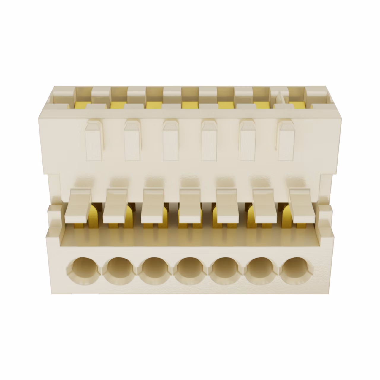 Appli-Mate RAST 2.5 Connector, 2.50mm Pitch, Female, 7 Circuits, Positions A and H Removed, Polarizing Rib Between 6/7, Locking Pips, Slotted Endwalls, Gold Plating for sale