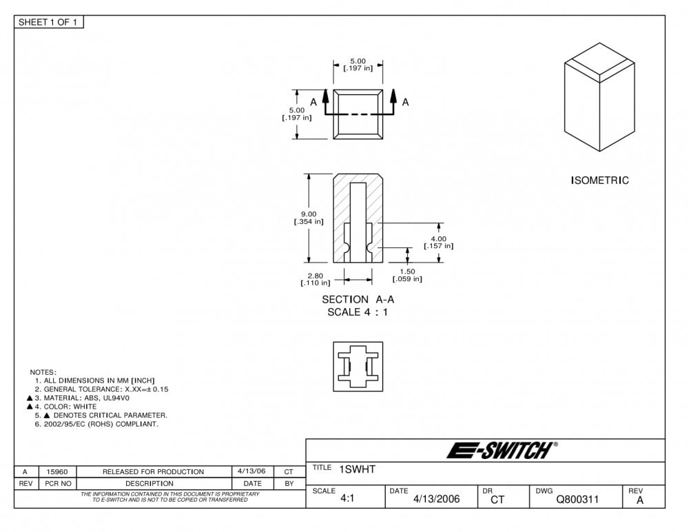 E-Switch 1SWHT technical drawing page 1