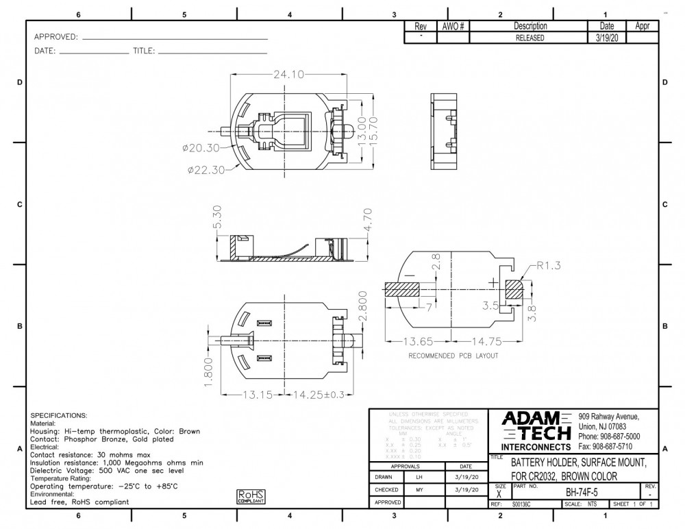 ADAM TECH BH-74F-5 technical drawing and recommended PCB layout