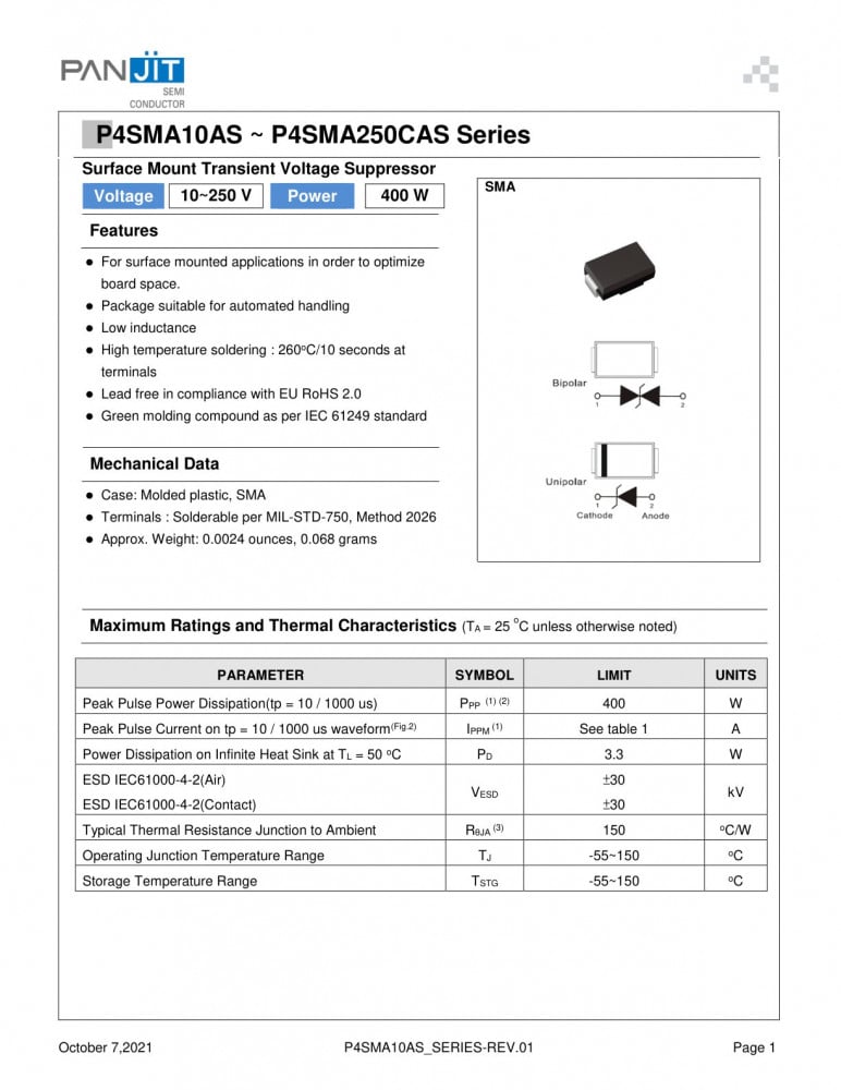 PANJIT P4SMA series datasheet page 1