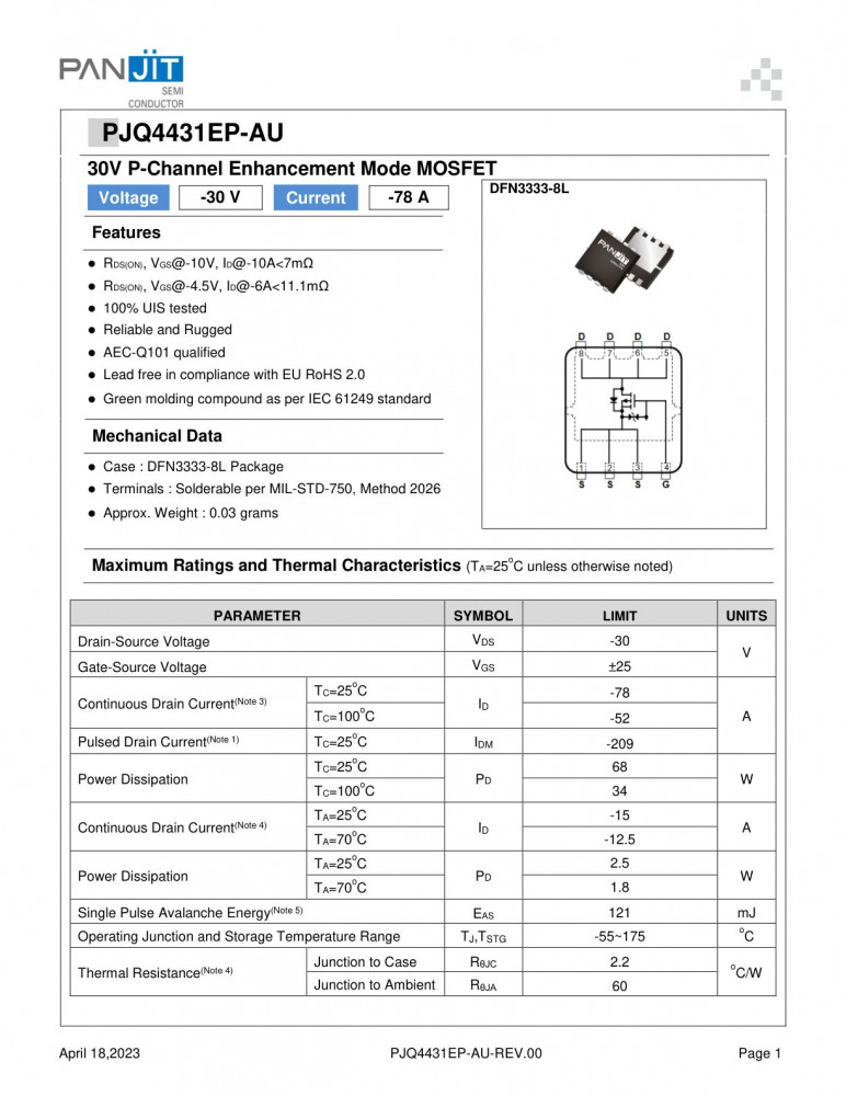 PJQ4431EP-AU datasheet page 1