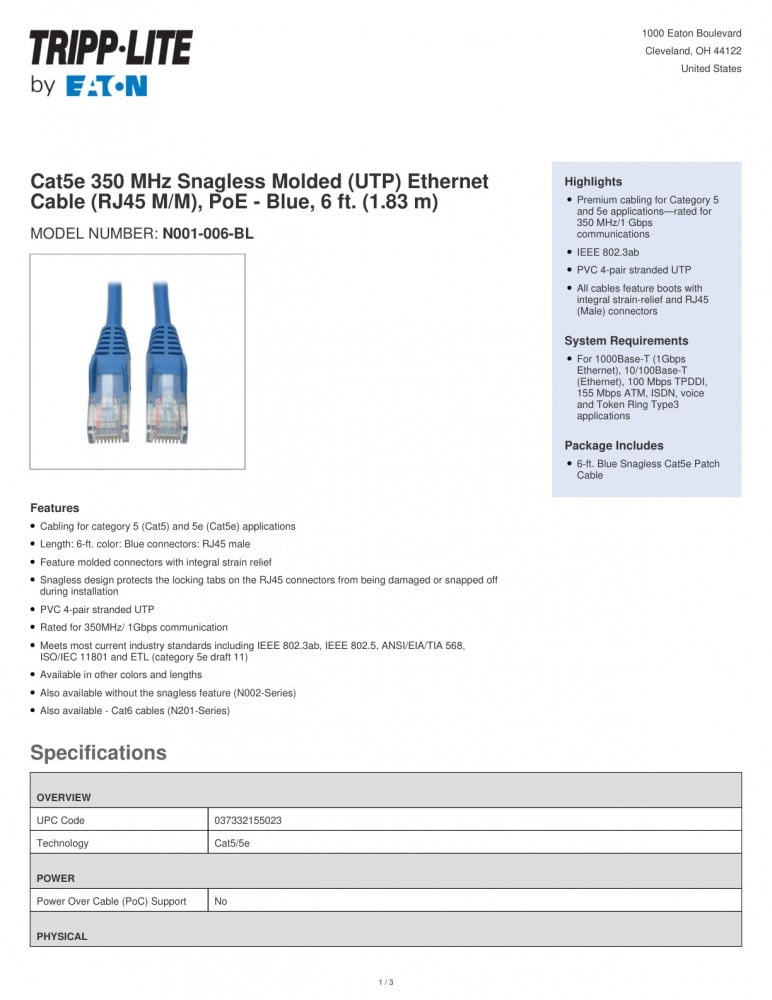 N001-006-BL technical document page 1