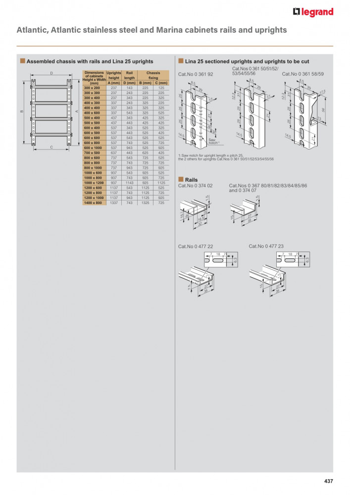 Legrand technical document page for cabinet chassis, rails and Lina 25 uprights