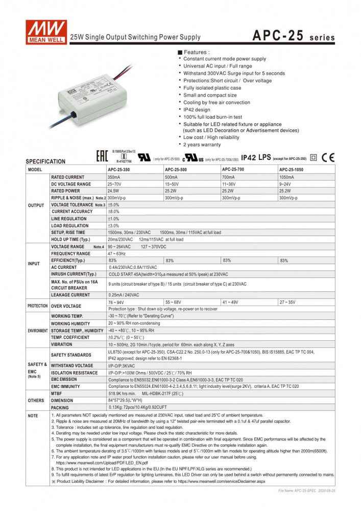 MEAN WELL APC-25-500 datasheet page 1