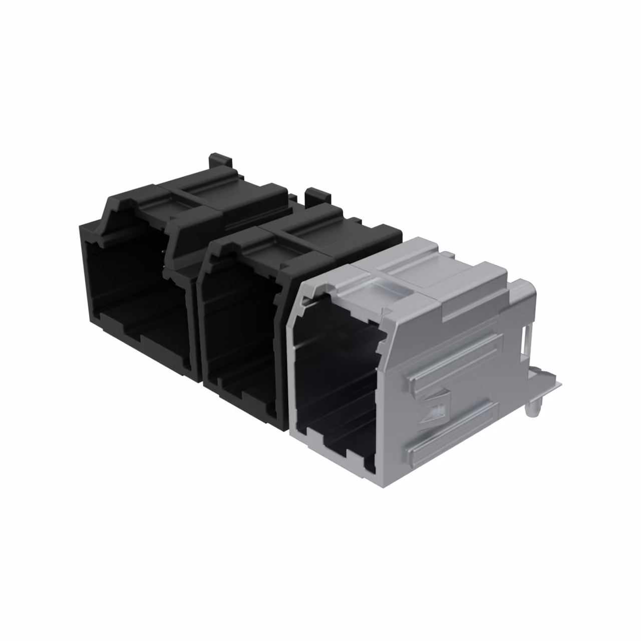 Stac64 3 Bay Right-Angle Headers, 32 Circuits, Bay A 16 Circuit Signal Header, Polarization A, Black; Bay B 8 Circuit Signal Header, Polarization A, Black; Bay C 16 Circuit Signal Header, Polarization B, Gray; Tray for sale