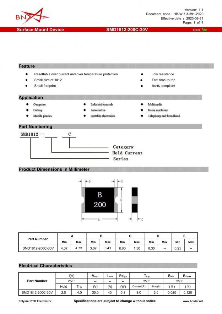 BNstar SMD1812-200C-30V datasheet page 1