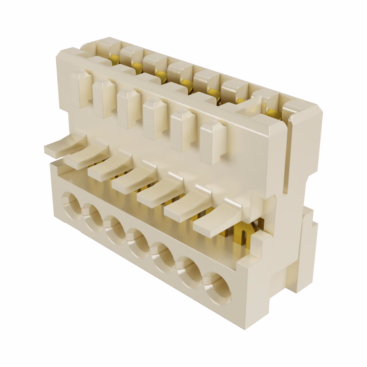Appli-Mate RAST 2.5 Connector, 2.50mm Pitch, Female, 7 Circuits, Positions A and H Removed, Polarizing Rib Between 6/7, Locking Pips, Slotted Endwalls, Gold Plating for sale