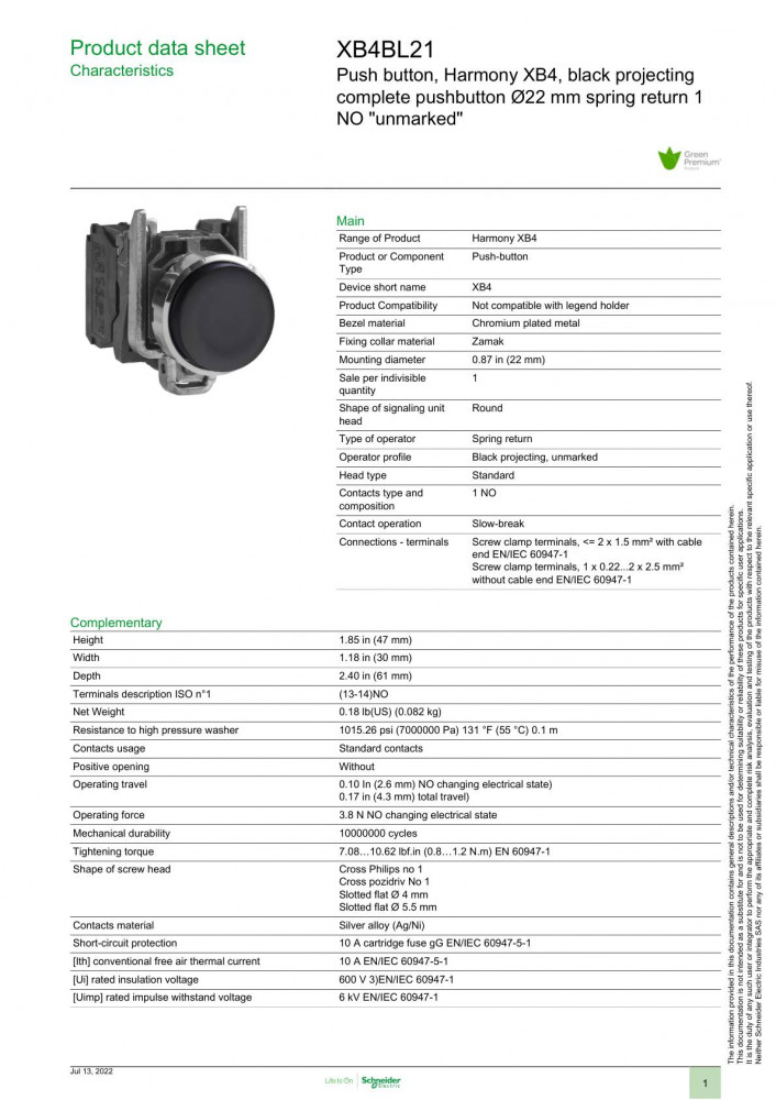 XB4BL21 technical document page 1