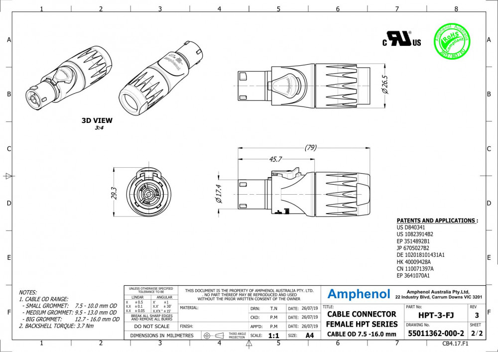 Amphenol HPT-3-FJ technical drawing