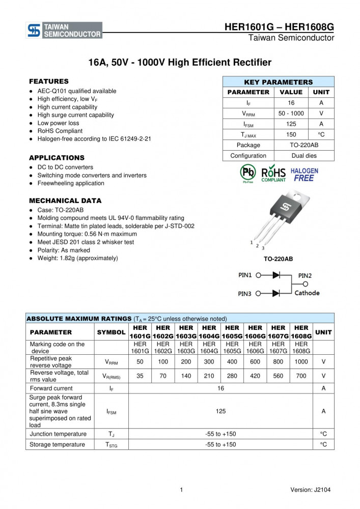 HER1606G datasheet page 1