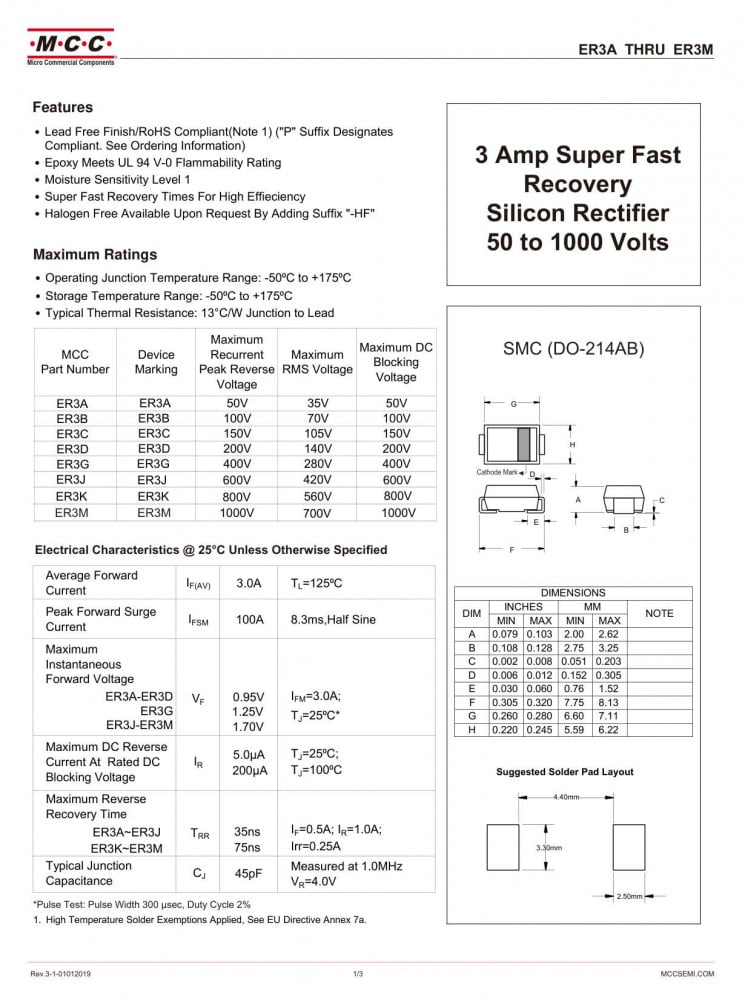 MCC ER3M-TP datasheet page 1