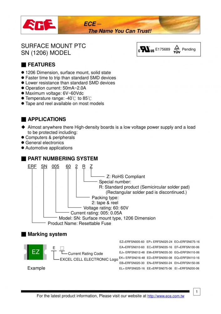 ECE ERFSN SN series datasheet page 1