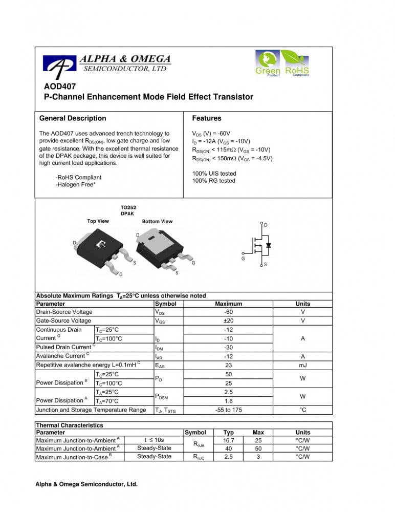 AOD407 datasheet page 1