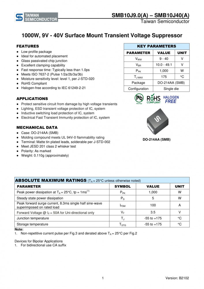 SMB10J15CA datasheet preview, page 1