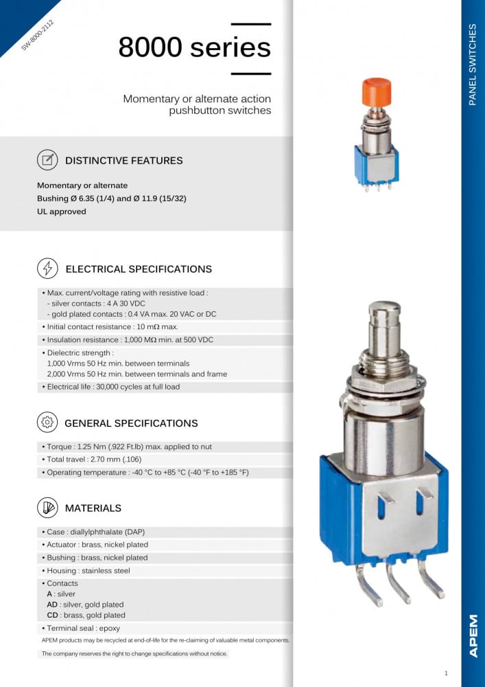 APEM 8000 series documentation page 1