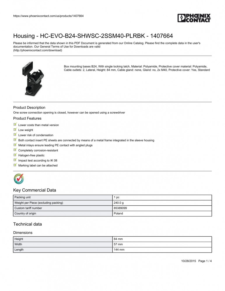 Phoenix Contact 1407664 product documentation page 1