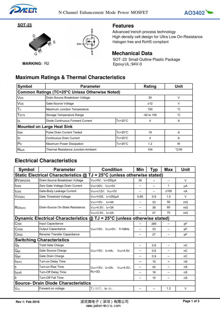 AO3402 datasheet page 1