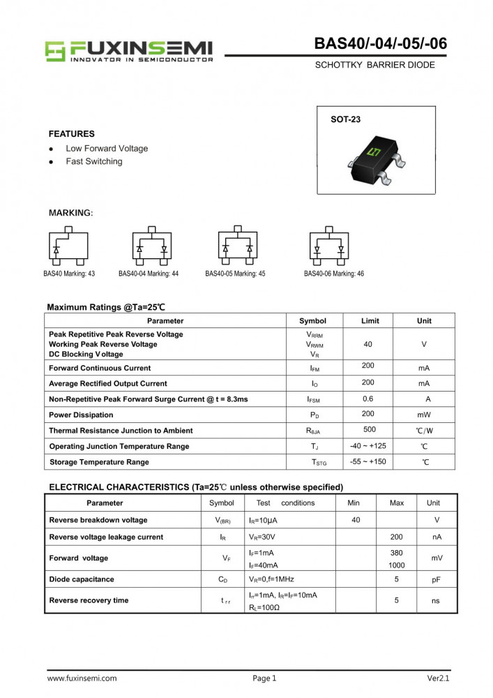 FUXINSEMI BAS40-04 datasheet page 1