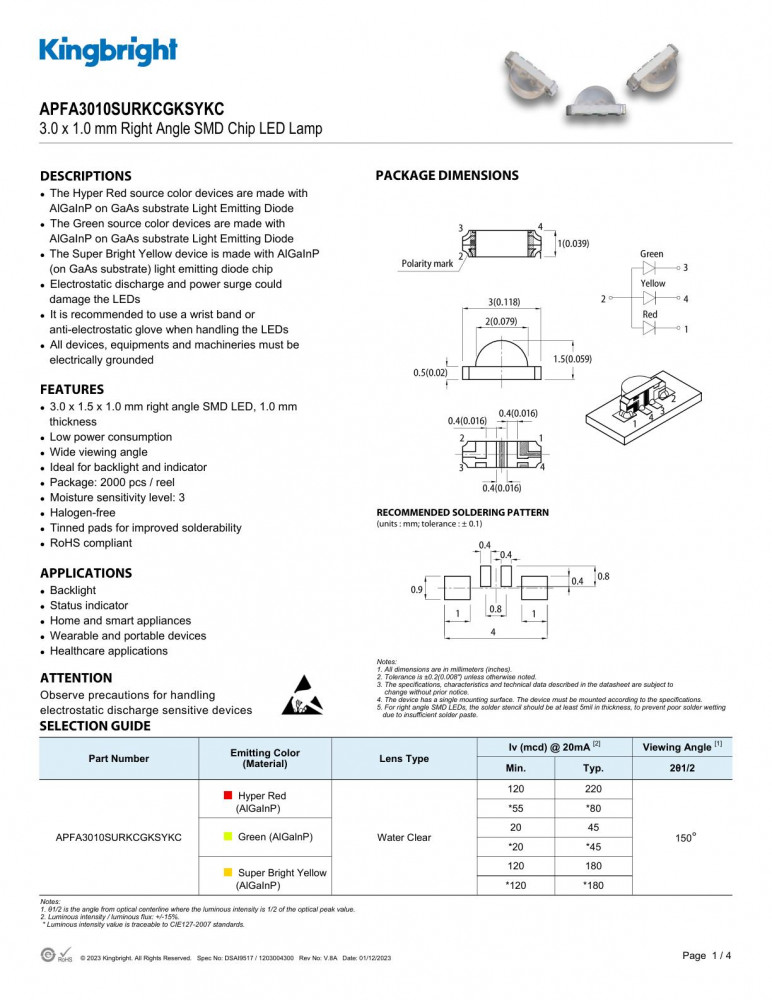 APFA3010SURKCGKSYKC datasheet page 1