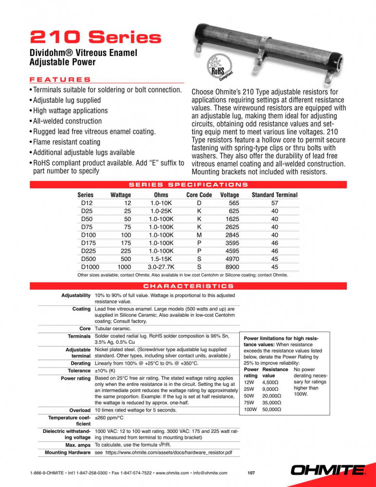 Ohmite 210 Series datasheet page 1