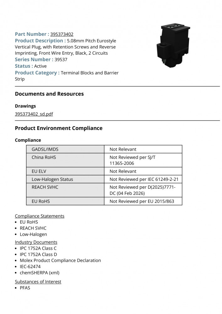 MOLEX 39537 series product drawing, page 1