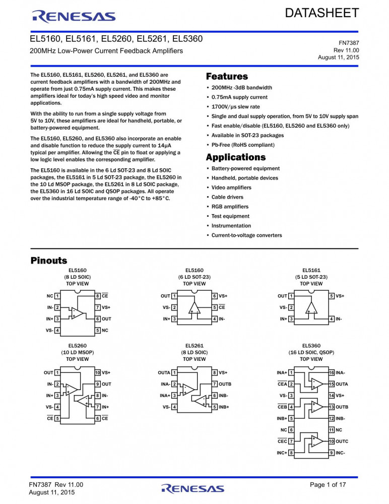 EL5161 datasheet page 1