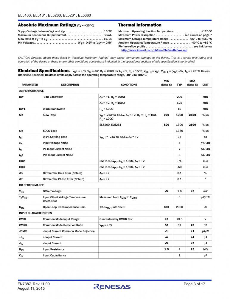 EL5161 datasheet page 3