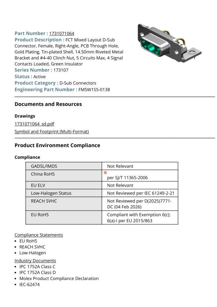 MOLEX 1731071064 technical document, page 1